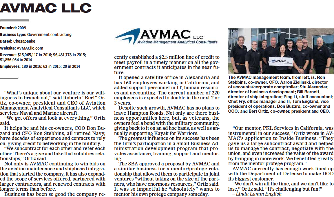 AVMAC LLC Wins Second Roaring 20 Award For 2017 - AVMAC LLC
